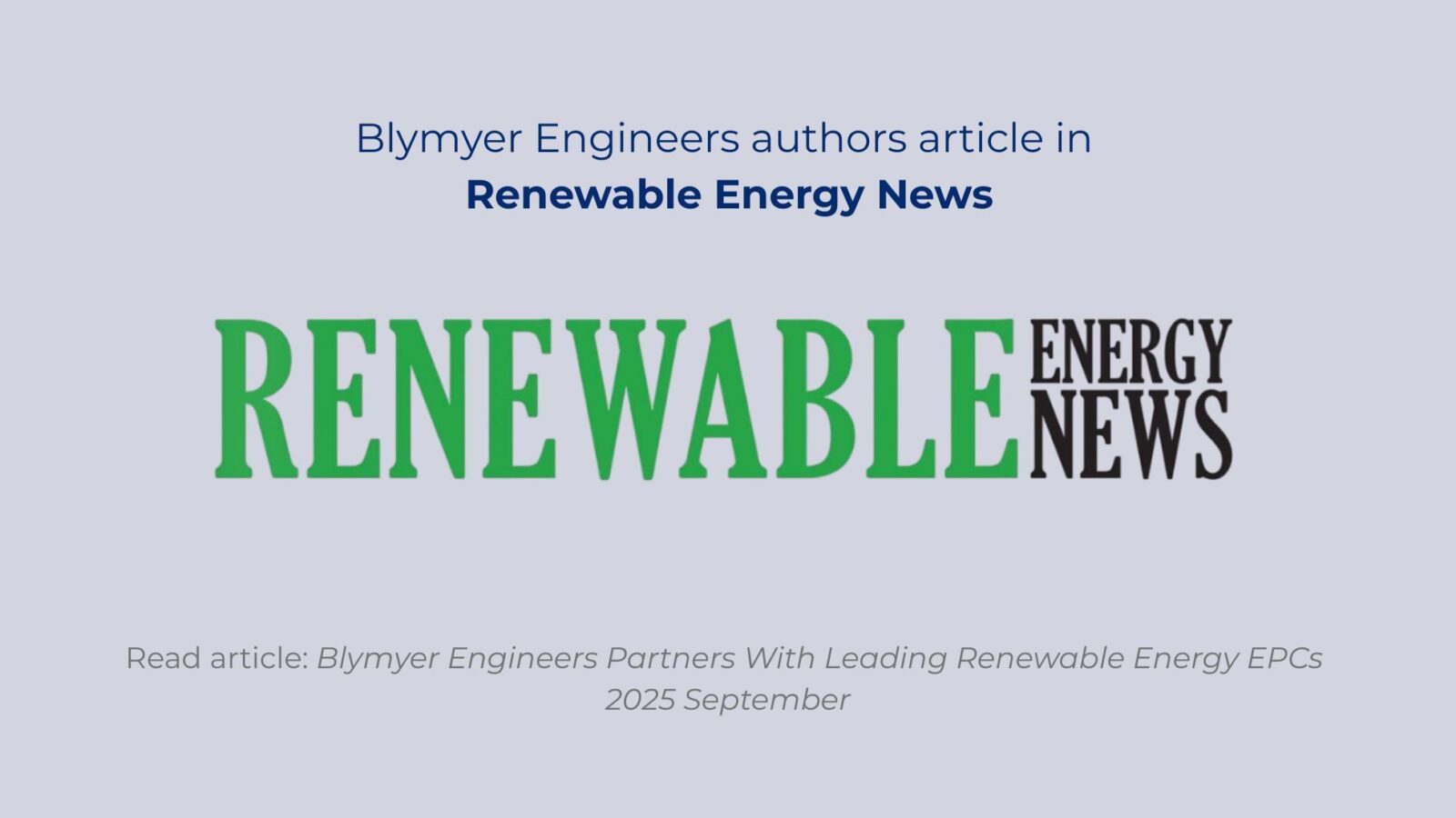 Blymyer authors an article in Renewable Energy News September 2025 ...